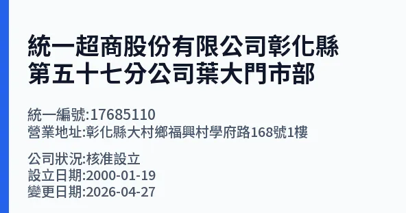 統一超商股份有限公司彰化縣第五十七分公司葉大門市部的照片-統編 17685110(彰化縣) 公司登記資料與營業項目詳細圖表