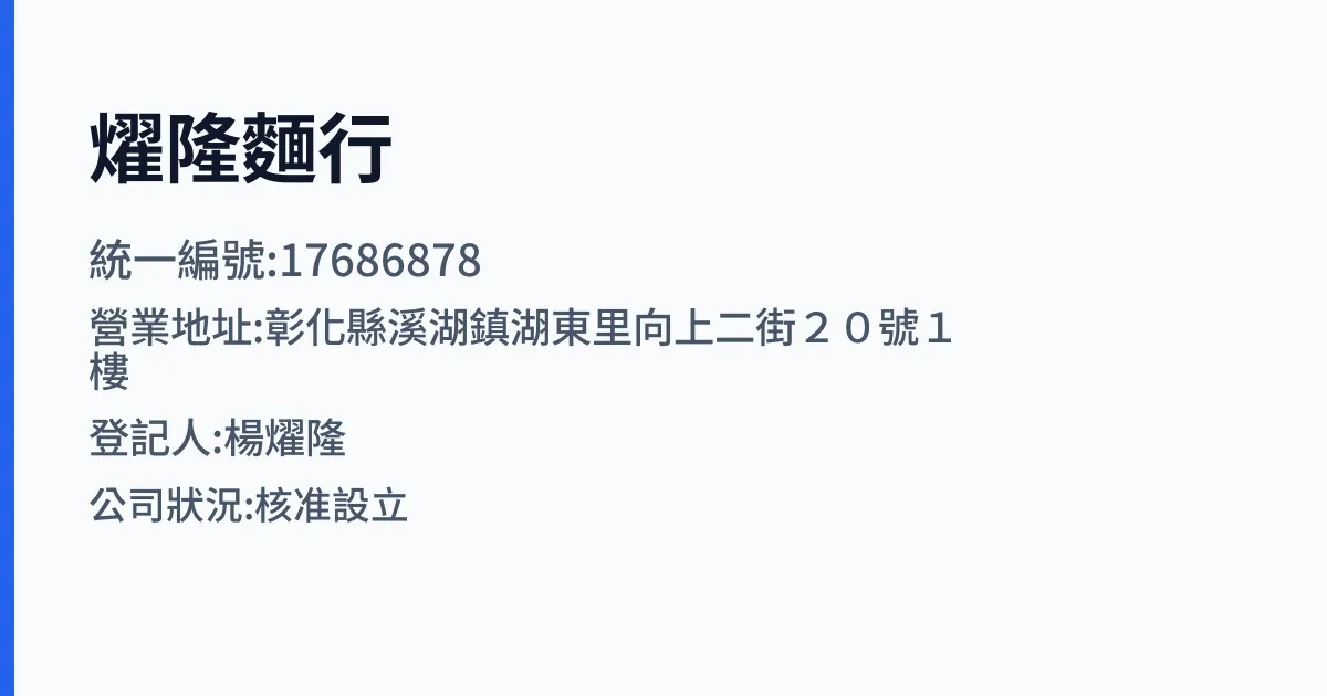 燿隆麵行 - 統編 17686878(彰化縣) 公司登記資料與營業項目詳細圖表