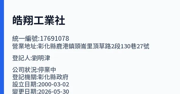 皓翔工業社的照片-統編 17691078(彰化縣) 公司登記資料與營業項目詳細圖表