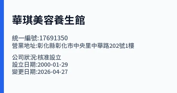 華琪美容養生館的照片-統編 17691350(彰化縣) 公司登記資料與營業項目詳細圖表