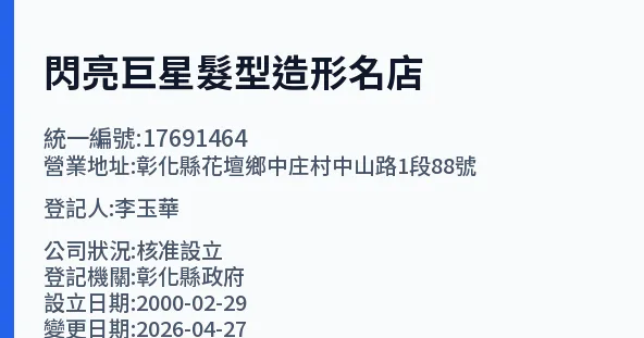 閃亮巨星髮型造形名店的照片-統編 17691464(彰化縣) 公司登記資料與營業項目詳細圖表