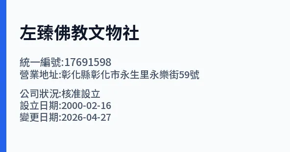 左臻佛教文物社的照片-統編 17691598(彰化縣) 公司登記資料與營業項目詳細圖表