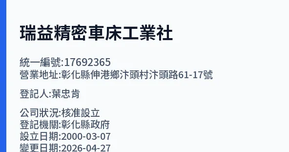 瑞益精密車床工業社的照片-統編 17692365(彰化縣) 公司登記資料與營業項目詳細圖表