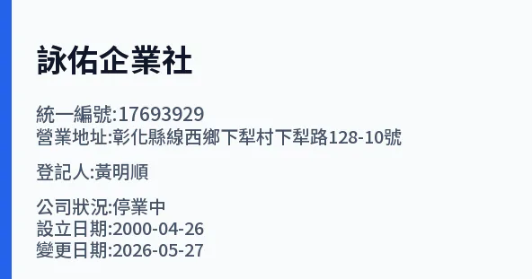 詠佑企業社的照片-統編 17693929(彰化縣) 公司登記資料與營業項目詳細圖表