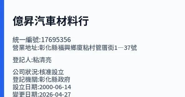 億昇汽車材料行的照片-統編 17695356(彰化縣) 公司登記資料與營業項目詳細圖表