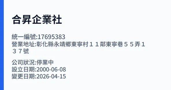 合昇企業社的照片-統編 17695383(彰化縣) 公司登記資料與營業項目詳細圖表