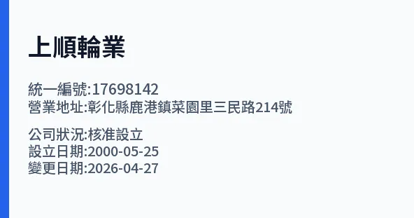 上順輪業的照片-統編 17698142(彰化縣) 公司登記資料與營業項目詳細圖表