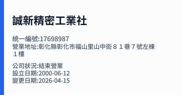 誠新精密工業社的照片-統編 17698987(彰化縣) 公司登記資料與營業項目詳細圖表
