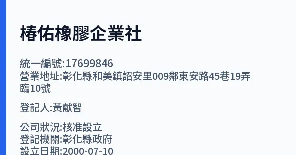 椿佑橡膠企業社的照片-統編 17699846(彰化縣) 公司登記資料與營業項目詳細圖表