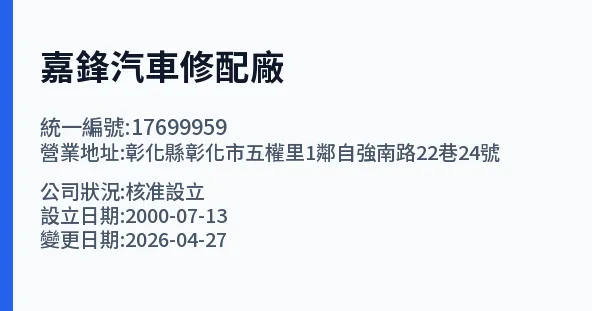 嘉鋒汽車修配廠的照片-統編 17699959(彰化縣) 公司登記資料與營業項目詳細圖表