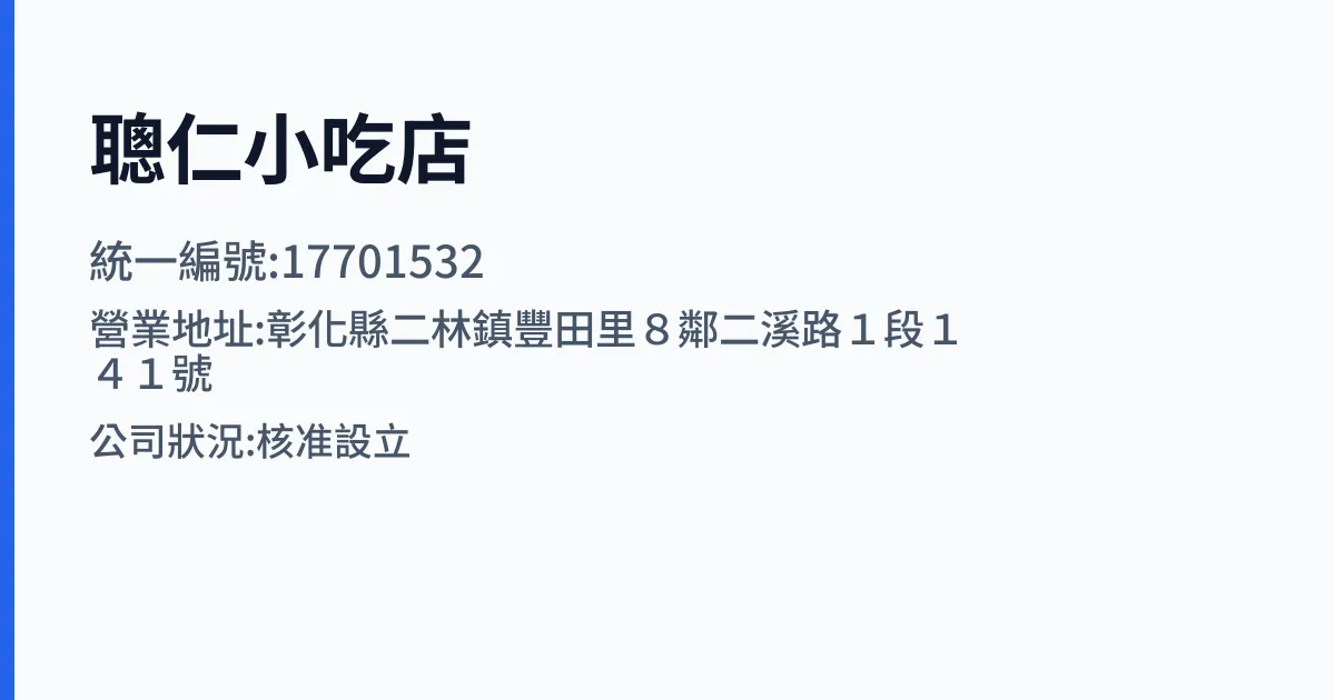 聰仁小吃店 - 統編 17701532(彰化縣) 公司登記資料與營業項目詳細圖表