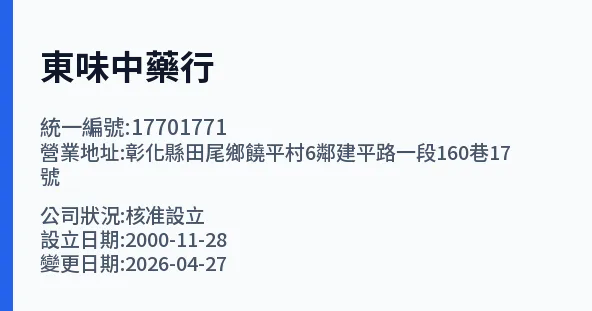 東味中藥行的照片-統編 17701771(彰化縣) 公司登記資料與營業項目詳細圖表