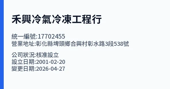 禾興冷氣冷凍工程行的照片-統編 17702455(彰化縣) 公司登記資料與營業項目詳細圖表