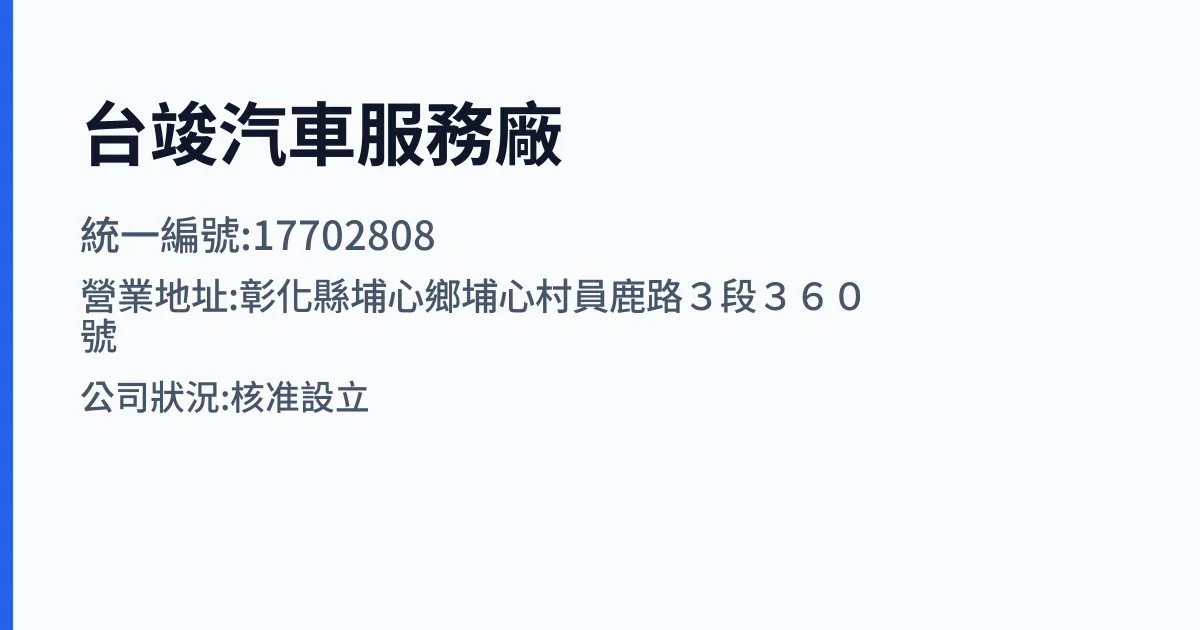 台竣汽車服務廠 - 統編 17702808(彰化縣) 公司登記資料與營業項目詳細圖表