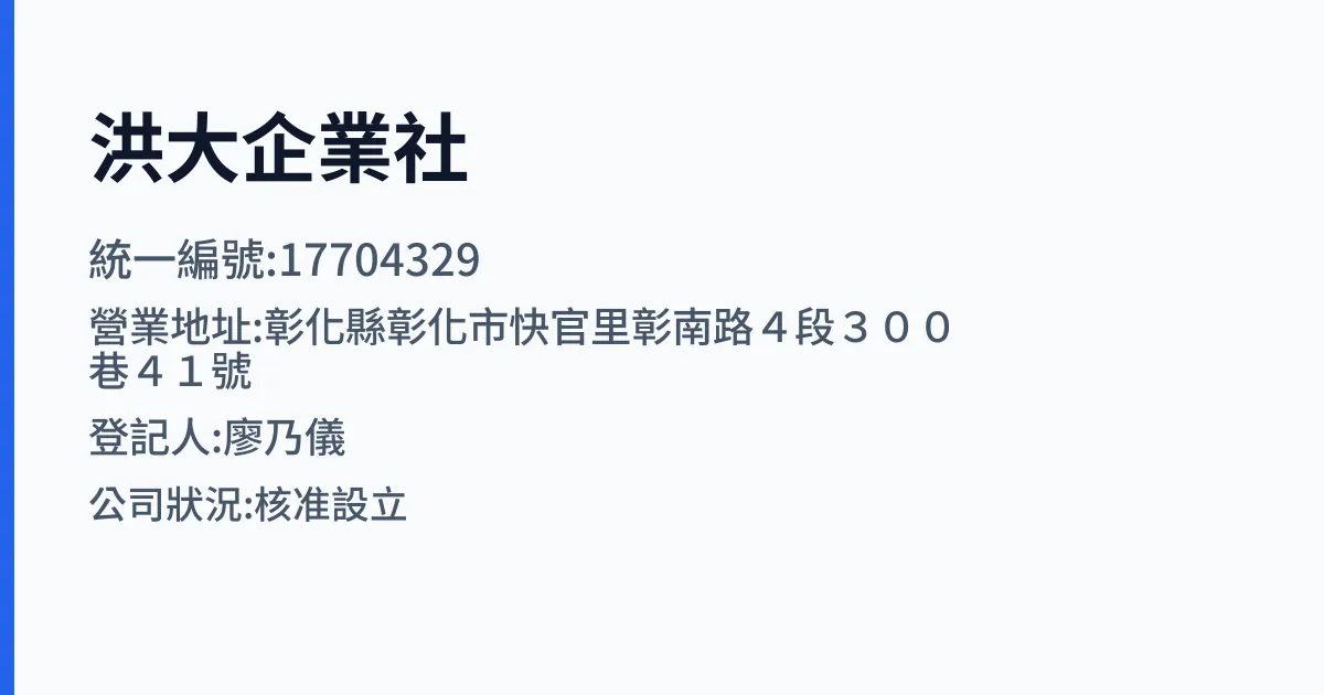 洪大企業社 - 統編 17704329(彰化縣) 公司登記資料與營業項目詳細圖表