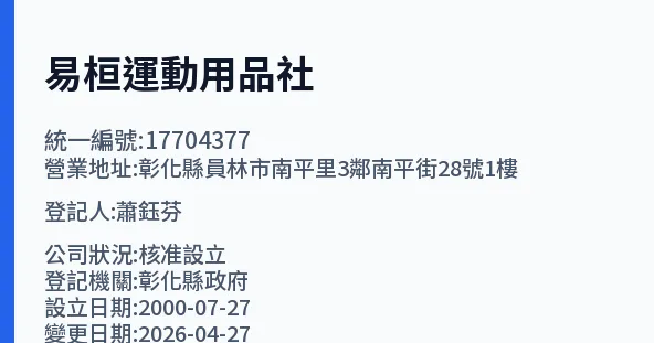 易桓運動用品社的照片-統編 17704377(彰化縣) 公司登記資料與營業項目詳細圖表