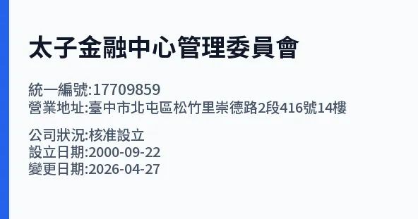 太子金融中心管理委員會的照片-統編 17709859(臺中市) 公司登記資料與營業項目詳細圖表
