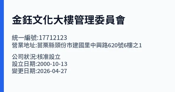 金鈺文化大樓管理委員會的照片-統編 17712123(苗栗縣) 公司登記資料與營業項目詳細圖表