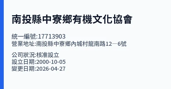 南投縣中寮鄉有機文化協會的照片-統編 17713903(南投縣) 公司登記資料與營業項目詳細圖表