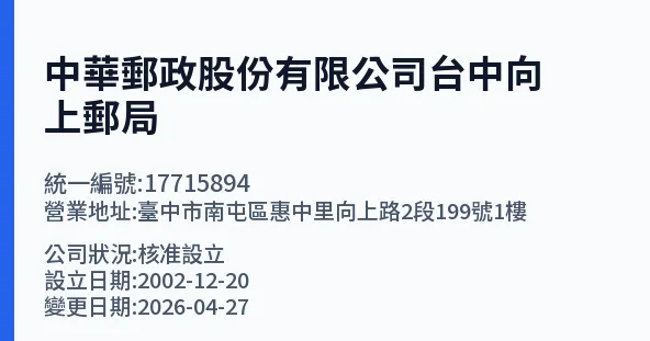 中華郵政股份有限公司台中向上郵局的照片-統編 17715894(臺中市) 公司登記資料與營業項目詳細圖表