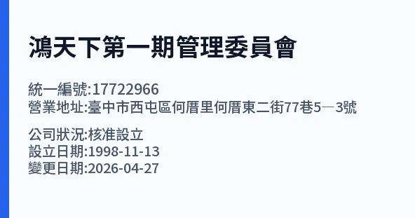 鴻天下第一期管理委員會的照片-統編 17722966(臺中市) 公司登記資料與營業項目詳細圖表