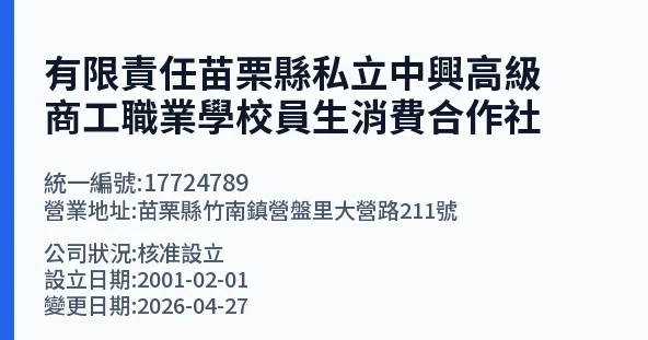 有限責任苗栗縣私立中興高級商工職業學校員生消費合作社的照片-統編 17724789(苗栗縣) 公司登記資料與營業項目詳細圖表