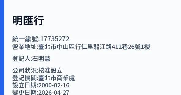 明匯行的照片-統編 17735272(臺北市) 公司登記資料與營業項目詳細圖表