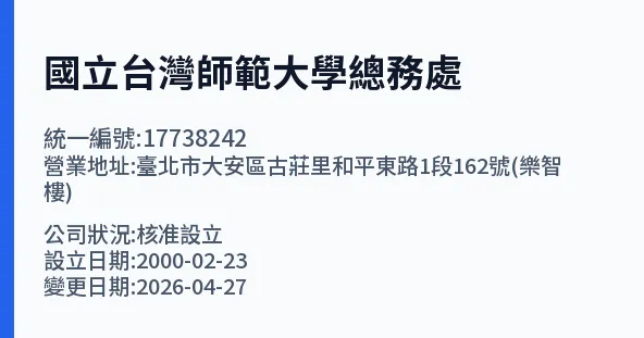國立台灣師範大學總務處的照片-統編 17738242(臺北市) 公司登記資料與營業項目詳細圖表