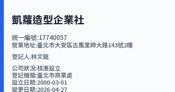 凱蘿造型企業社的照片-統編 17740057(臺北市) 公司登記資料與營業項目詳細圖表