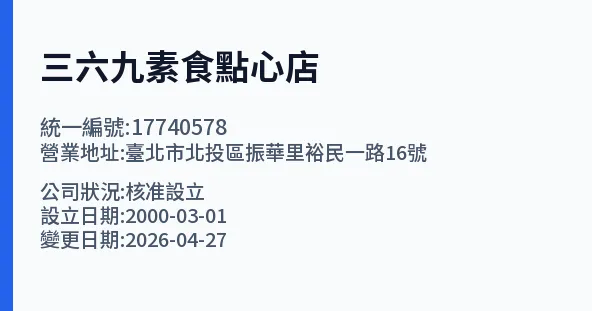 三六九素食點心店的照片-統編 17740578(臺北市) 公司登記資料與營業項目詳細圖表