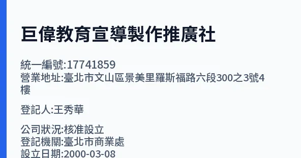 巨偉教育宣導製作推廣社的照片-統編 17741859(臺北市) 公司登記資料與營業項目詳細圖表