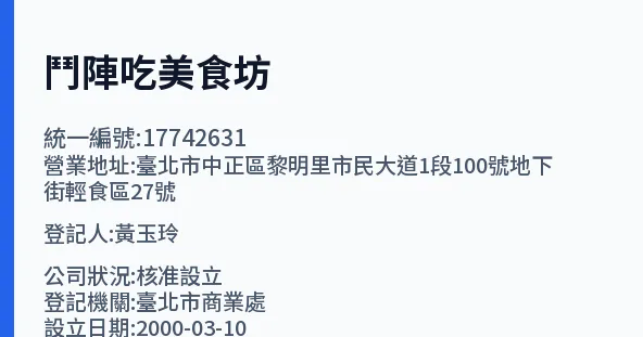 鬥陣吃美食坊的照片-統編 17742631(臺北市) 公司登記資料與營業項目詳細圖表