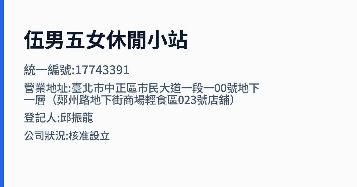伍男五女休閒小站 - 統編 17743391(臺北市) 公司登記資料與營業項目詳細圖表
