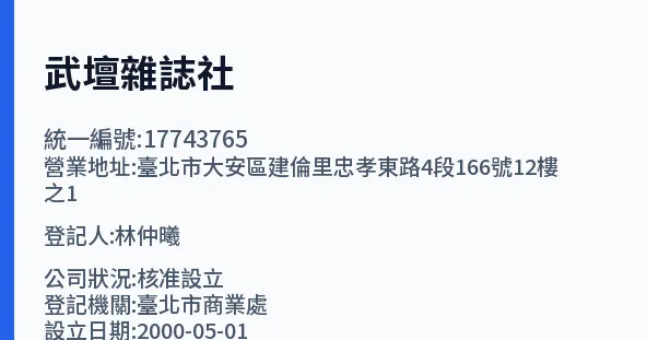 武壇雜誌社的照片-統編 17743765(臺北市) 公司登記資料與營業項目詳細圖表