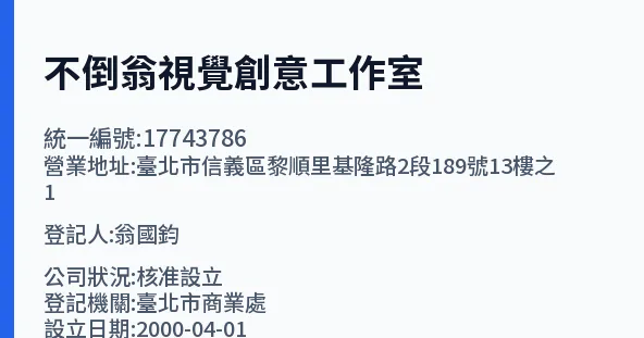 不倒翁視覺創意工作室的照片-統編 17743786(臺北市) 公司登記資料與營業項目詳細圖表