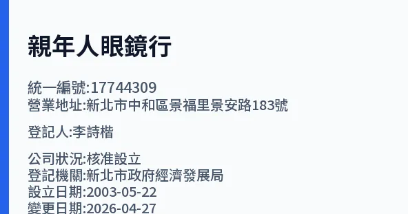 親年人眼鏡行的照片-統編 17744309(新北市) 公司登記資料與營業項目詳細圖表