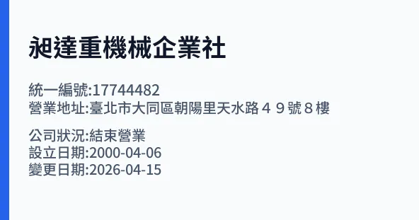 昶達重機械企業社的照片-統編 17744482(臺北市) 公司登記資料與營業項目詳細圖表