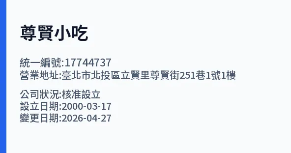 尊賢小吃的照片-統編 17744737(臺北市) 公司登記資料與營業項目詳細圖表