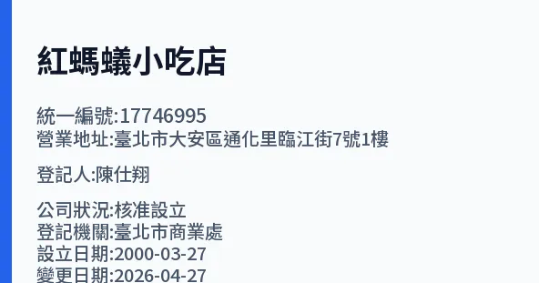 紅螞蟻小吃店的照片-統編 17746995(臺北市) 公司登記資料與營業項目詳細圖表