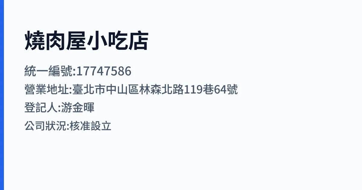 燒肉屋小吃店 - 統編 17747586(臺北市) 公司登記資料與營業項目詳細圖表