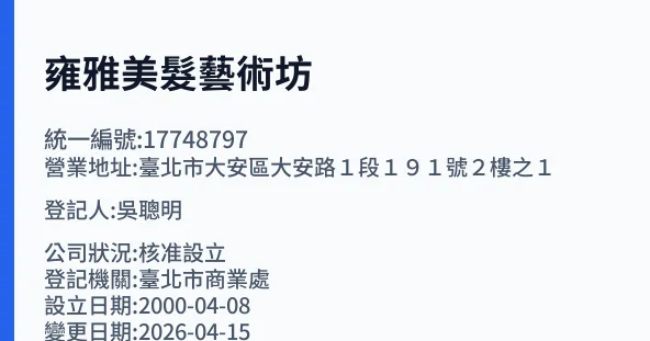雍雅美髮藝術坊的照片-統編 17748797(臺北市) 公司登記資料與營業項目詳細圖表