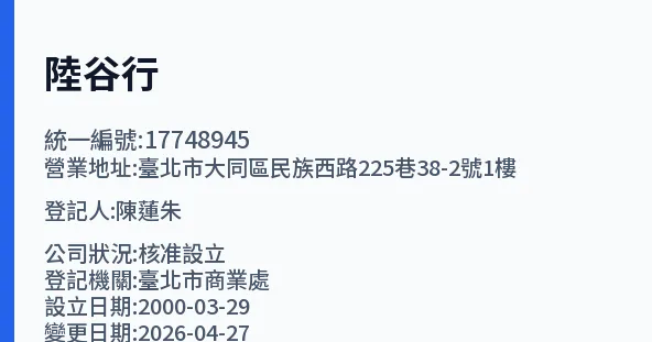 陸谷行的照片-統編 17748945(臺北市) 公司登記資料與營業項目詳細圖表