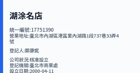 湖涂名店的照片-統編 17751390(臺北市) 公司登記資料與營業項目詳細圖表