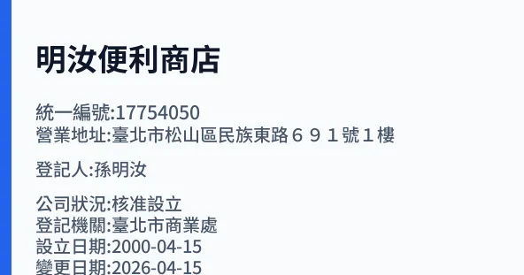 明汝便利商店的照片-統編 17754050(臺北市) 公司登記資料與營業項目詳細圖表