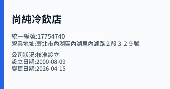尚純冷飲店的照片-統編 17754740(臺北市) 公司登記資料與營業項目詳細圖表