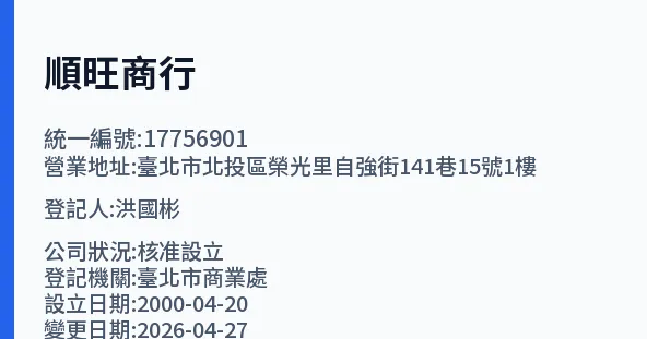 順旺商行的照片-統編 17756901(臺北市) 公司登記資料與營業項目詳細圖表