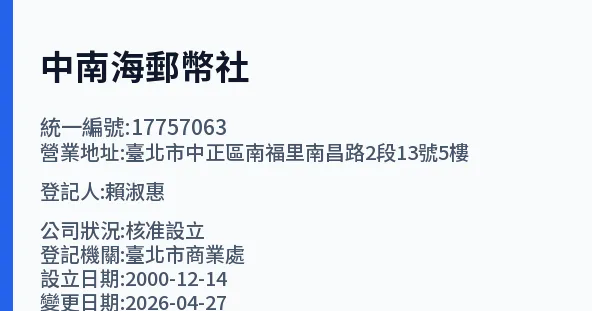 中南海郵幣社的照片-統編 17757063(臺北市) 公司登記資料與營業項目詳細圖表