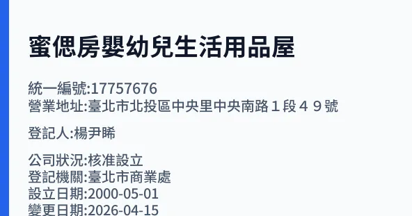 蜜偲房嬰幼兒生活用品屋的照片-統編 17757676(臺北市) 公司登記資料與營業項目詳細圖表