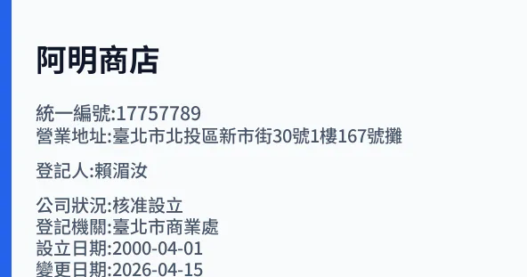 阿明商店的照片-統編 17757789(臺北市) 公司登記資料與營業項目詳細圖表