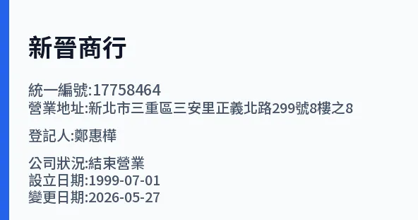 新晉商行的照片-統編 17758464(新北市) 公司登記資料與營業項目詳細圖表